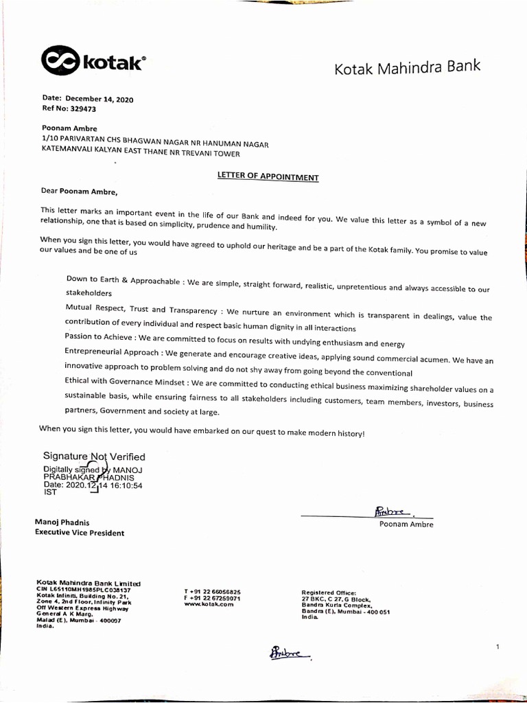 Appointment Letter Kotak | PDF