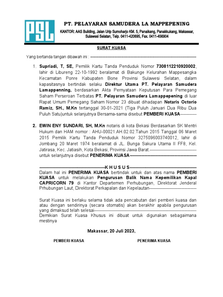Surat Kuasa Balik Nama Kapal EWIN ENY SUNDARI | PDF