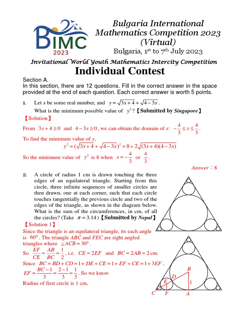 BIMC 2023 - Keystage 3 - Individual - Sol - Final Version | PDF | Circle | Triangle