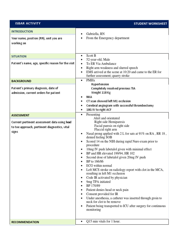 Worksheets - Isbar 3 Stroke | PDF | Stroke | Angiology