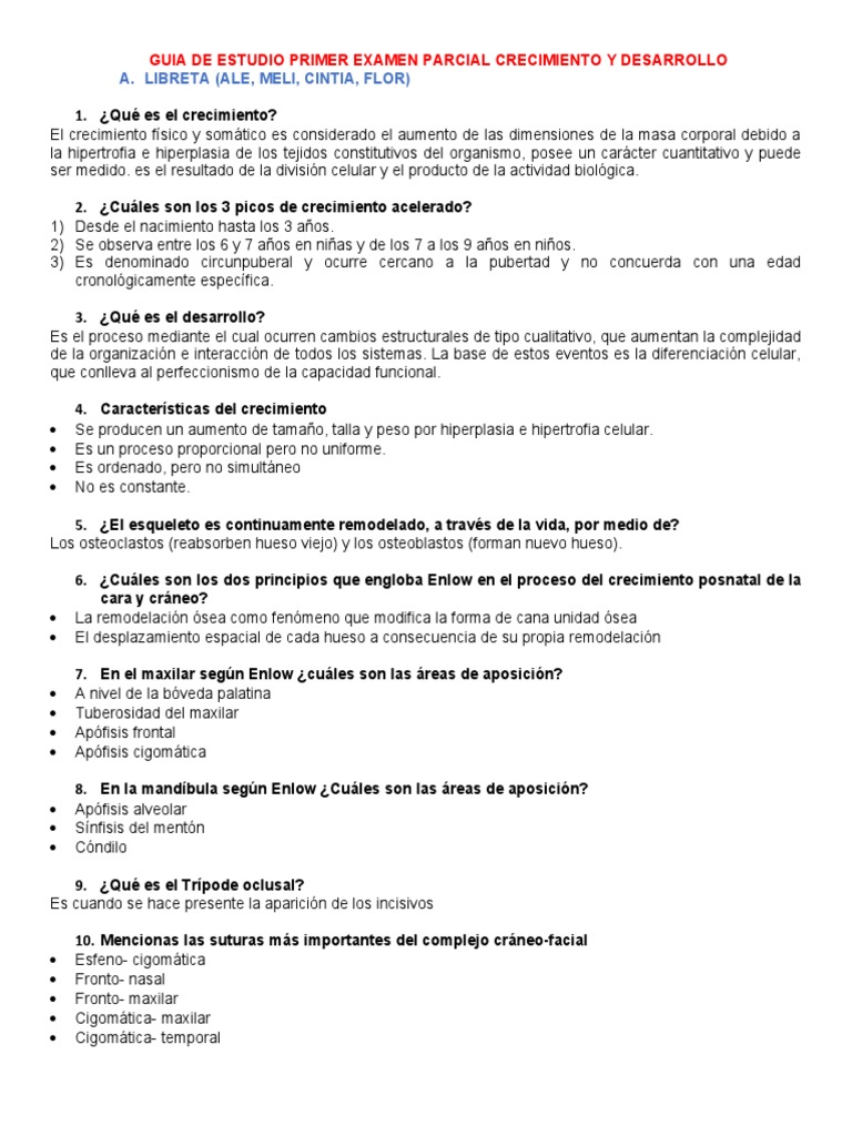 Guia de Estudio Primer Examen Parcial Crecimiento y Desarrollo | PDF