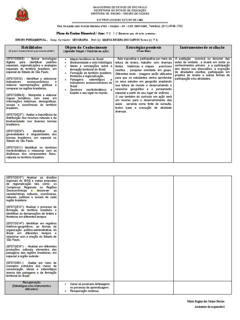 Plano de Ensino Do 7C 1 e 2 Bimestre | PDF