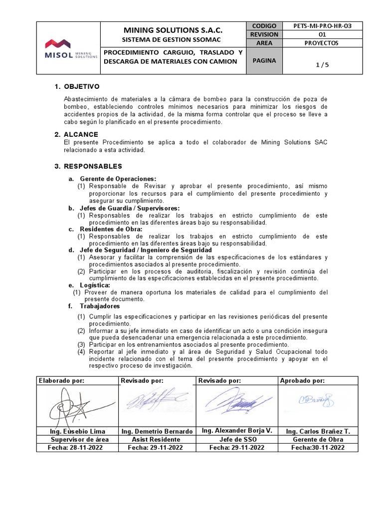 Pets-Mi-Pro-Hr-003 - Carguio Traslado y Descarga de Materiales Con Camion Rev 01 | PDF ...