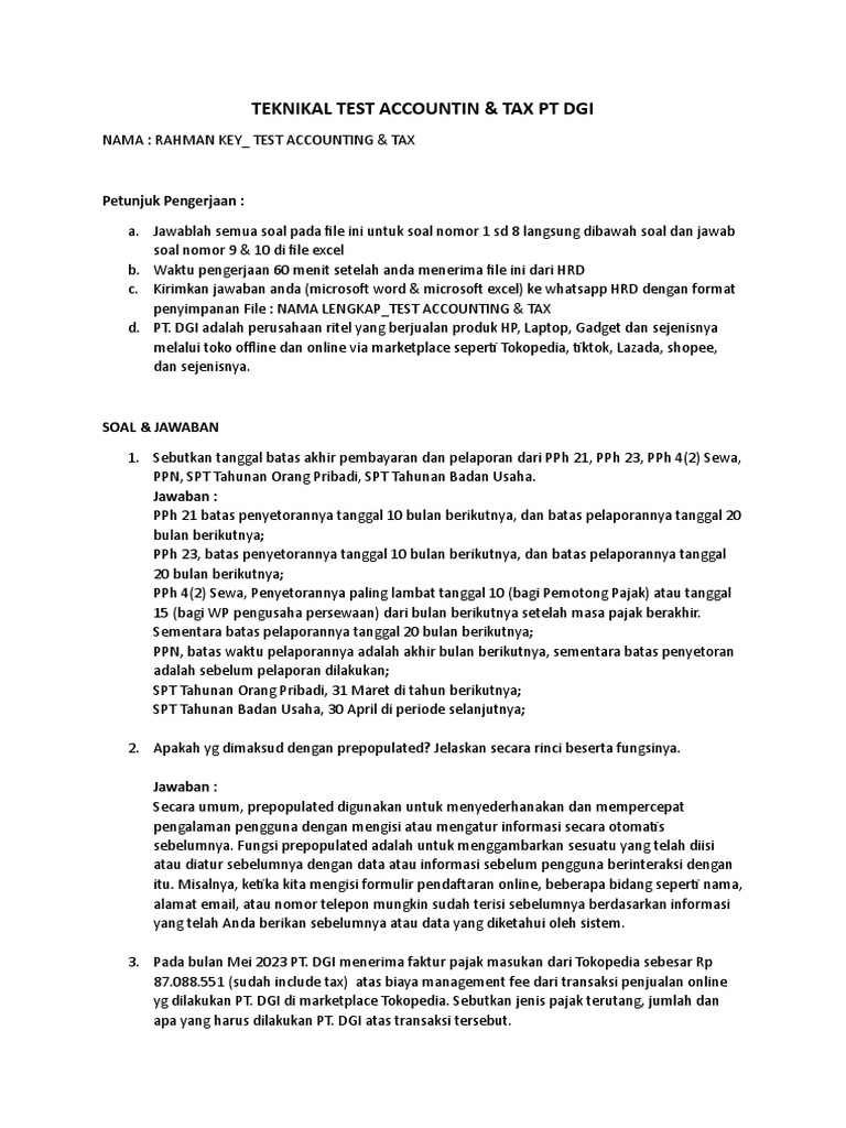Soal Dan Jawaban Teknikal Test Accounting & Tax PT DGI | PDF