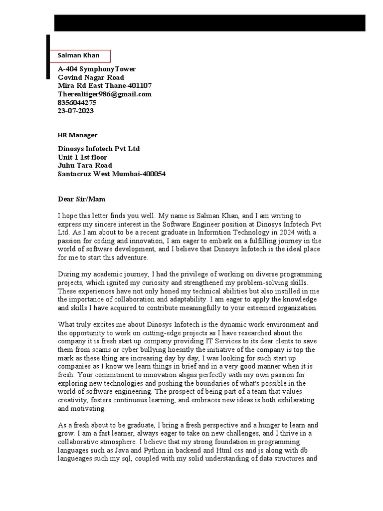 Dino Sys Info Tech Cover Letter | PDF | Cognitive Science | Intelligence