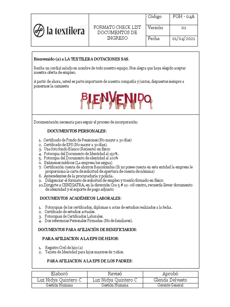 Fgh-04a Formato Check Lista Documentos de Ingreso | PDF