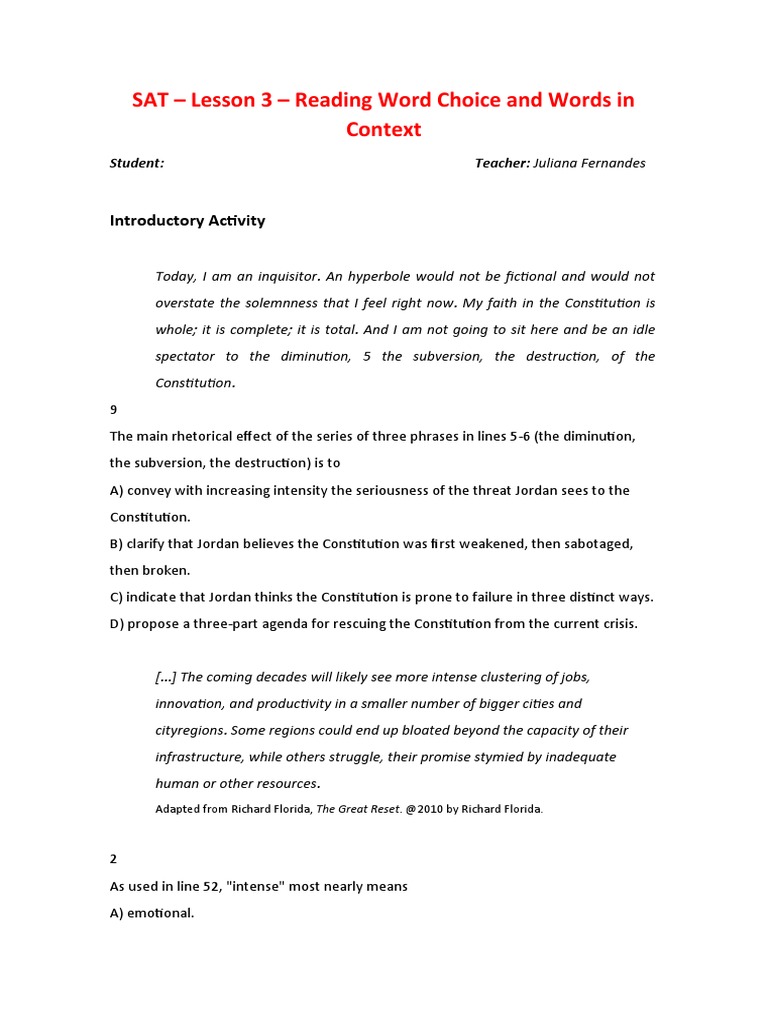 SAT - Lesson 3 - Reading - Word Choice and Words in Context - STUDENT's ...