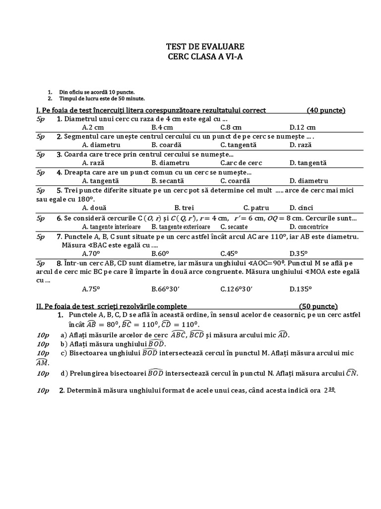 Test Cerc - Clasa A VI-a | PDF