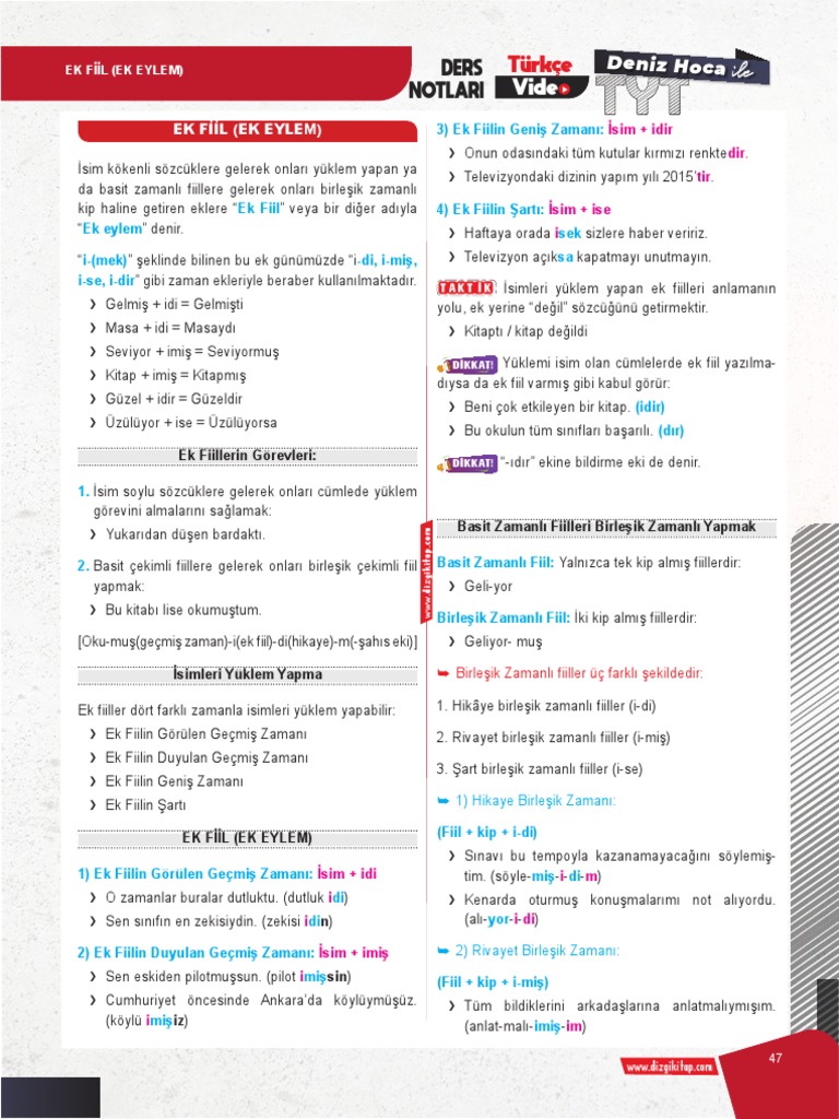 Ek Fiil Ders Notu PDF 2024 Deniz Hoca | PDF