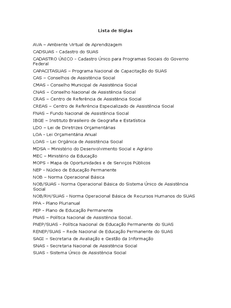 Lista de Siglas do SUAS e Assistência Social | PDF
