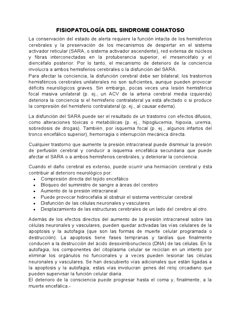 Fisiopatología del Síndrome Comatoso | PDF | Cerebro | Conciencia