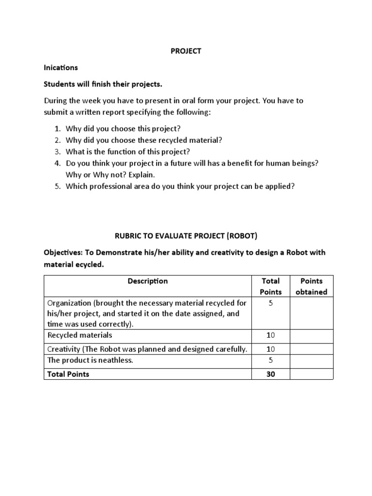 Rubrics for Recycled Robot Project | PDF
