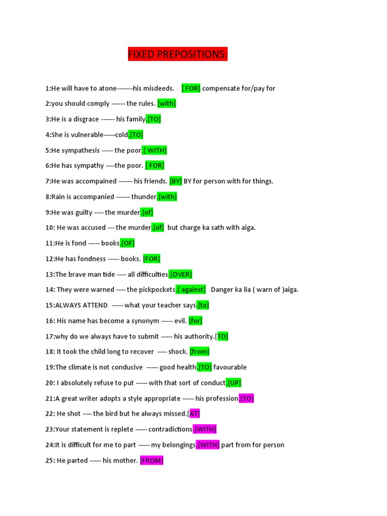 FIXED PREPOSITIONS Exercise | PDF