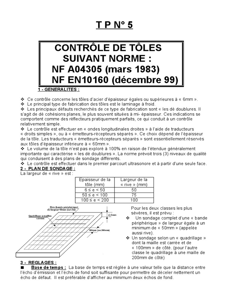 TPN°5 Contrôle de Tôles Suivant Norme: NF A04305 (Mars 1983) NF EN10160 (Décembre 99) | PDF