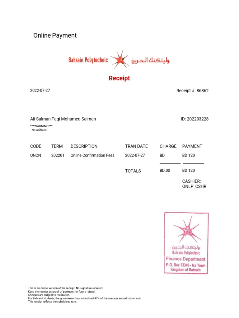 Bahrain Polytechnic_Confirmation Fee Receipt1784 | PDF