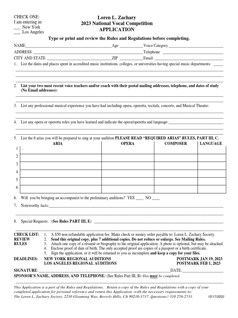 2023 Loren L Zachary Vocal Competition Application Letter | PDF | Audition