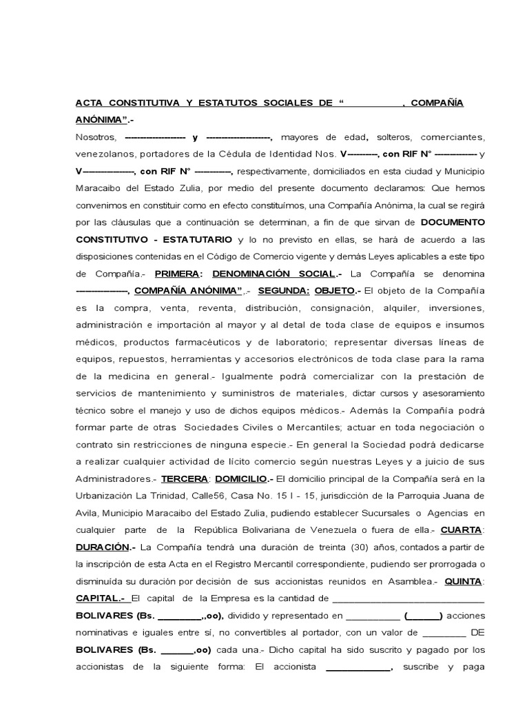 Modelo Acta Const. | PDF | Finanzas y dinero