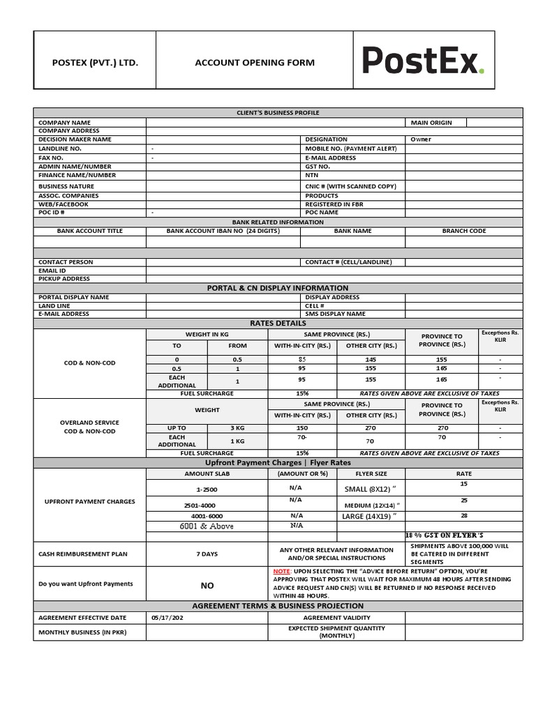 PostEx Account Opening & Rates Guide | PDF