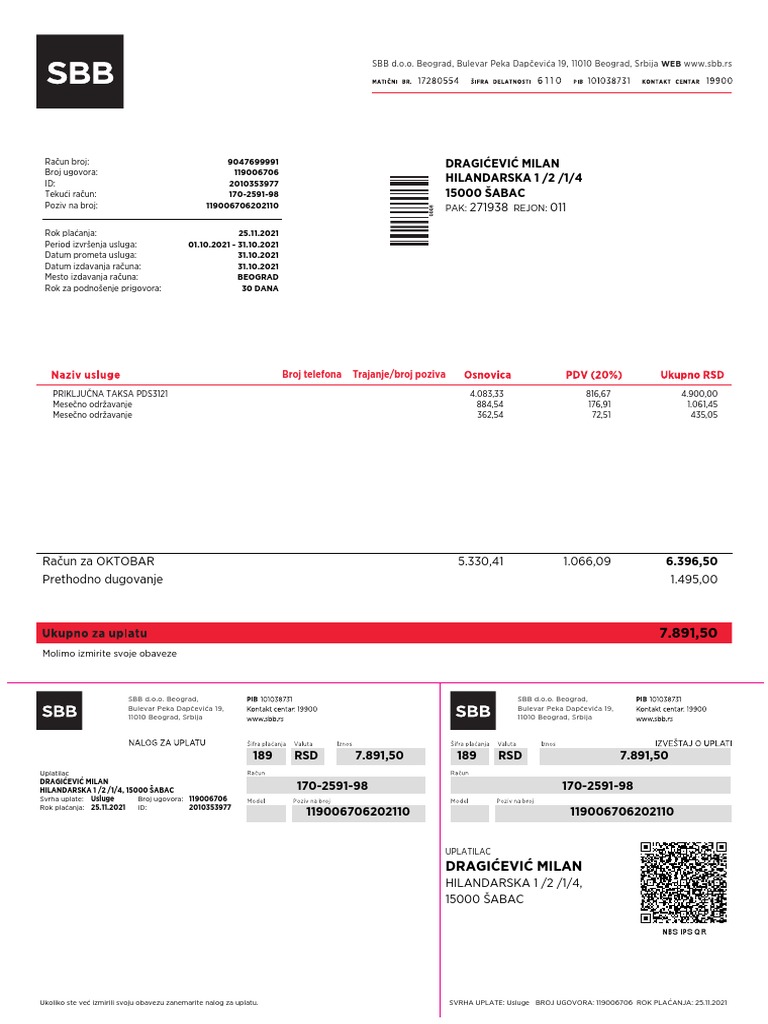 Račun Za SBB Usluge, 10.2021 | PDF