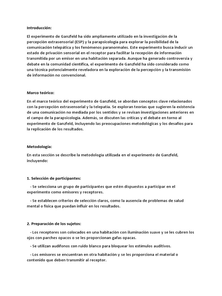 Experimento Ganzfeld: Telepatía y ESP | PDF