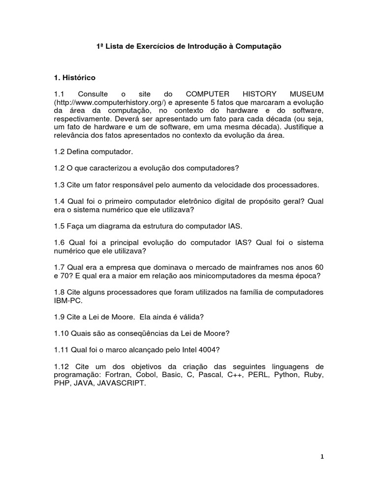 1a Lista De Exercícios De Introdução À Computação Introdução E Bases 