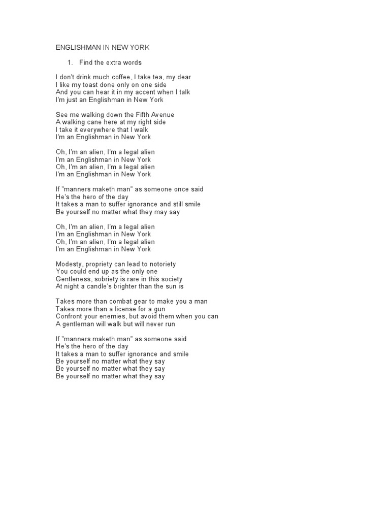 Englishman in New York Lyrics | PDF