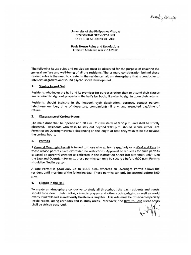 DORM Basic House Rules and Regulations 1617 | PDF