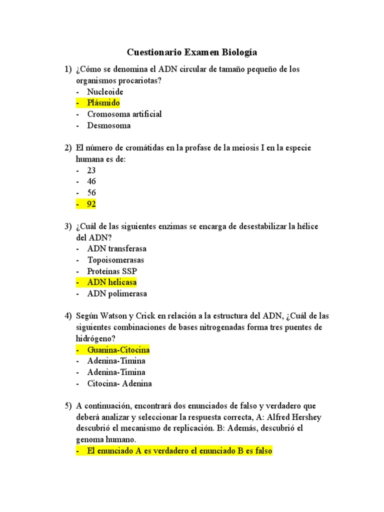 Cuestionario Examen Biología | PDF