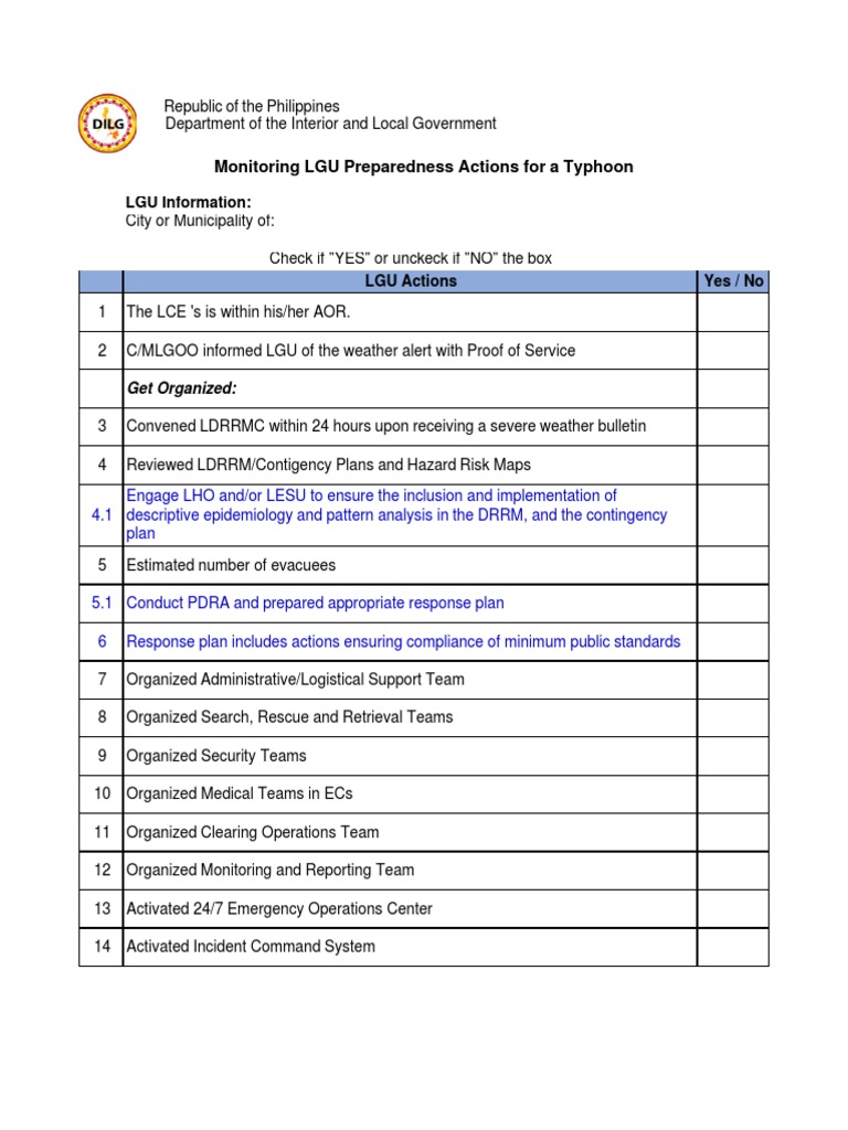 Checklist - Monitoring LGU Preparedness Actions For A Typhoon | PDF ...
