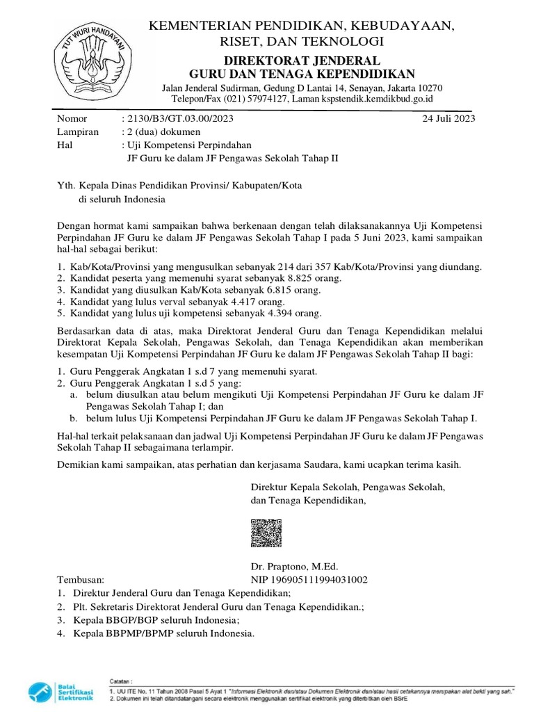 SE Pemberitahuan Uji Kompetensi Perpindahan JF Guru Ke Dalam JF Pengawas Sekolah Tahap 2-1 | PDF