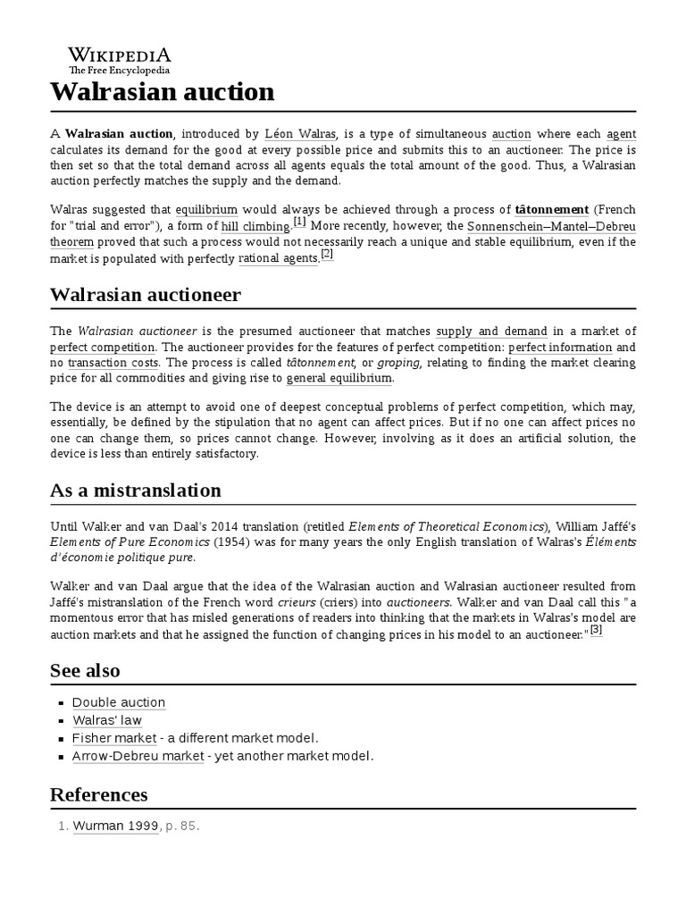 Walrasian Auction PDF Economics General Equilibrium Theory