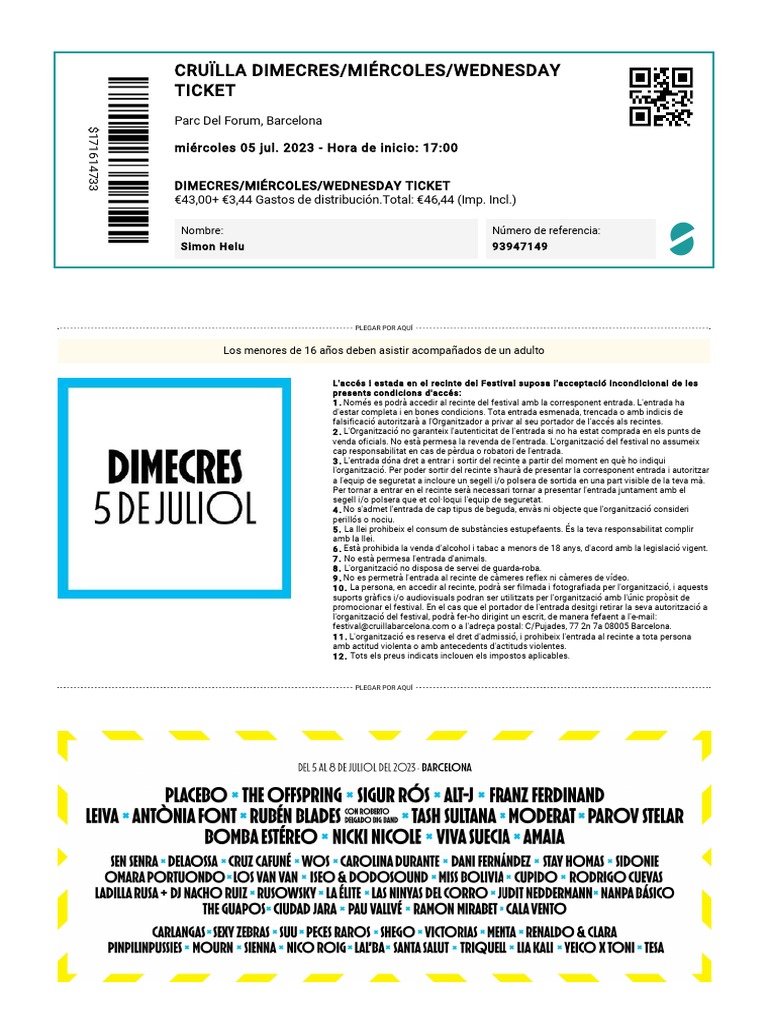 Cruilla Dimecres Miercoles Wednesday Ticket Tickets 93947149 | PDF