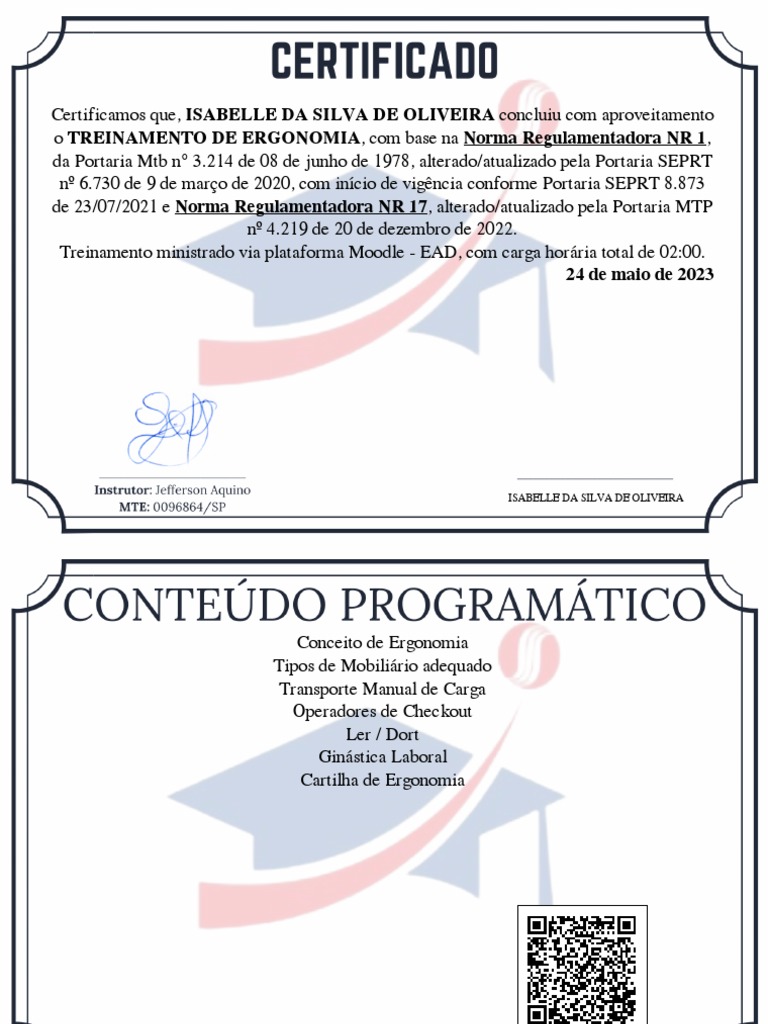 Ergonomia-Certificado NR 17 112029 | PDF