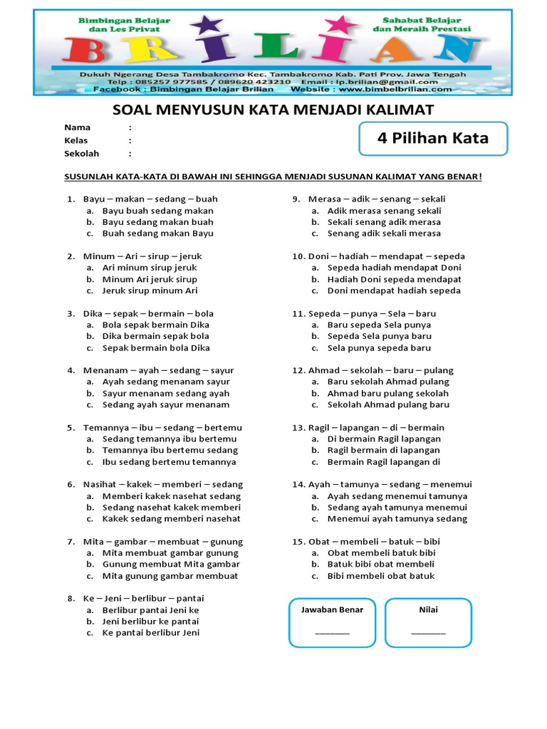 Soal Menyusun Kalimat Dengan 4 Pilihan Kata | PDF