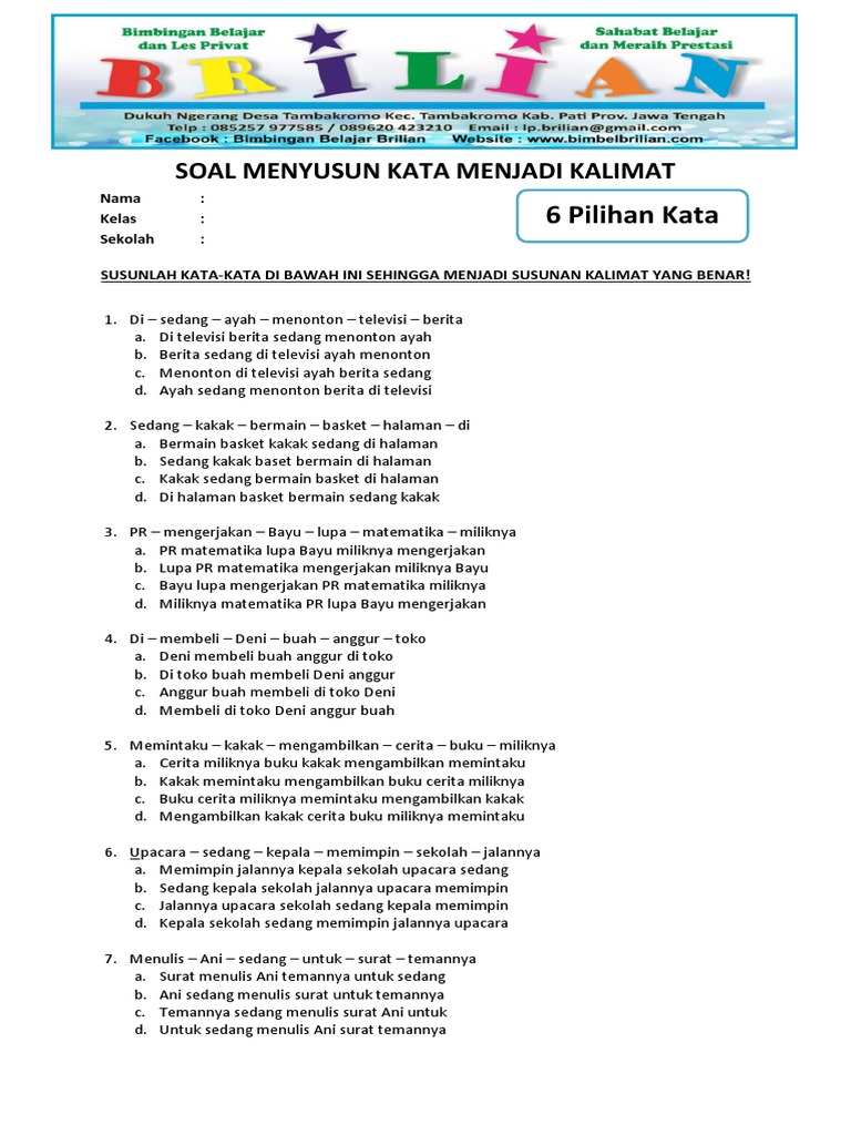 Soal Menyusun Kalimat Dengan 6 Pilihan Kata | PDF