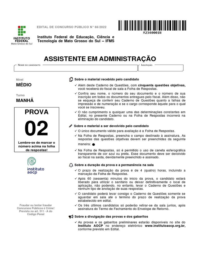 Prova AOCP IFMS | PDF