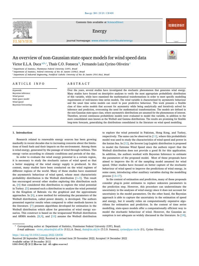 An Overview Of Non Gaussian State Space Models For Wind Speed Data
