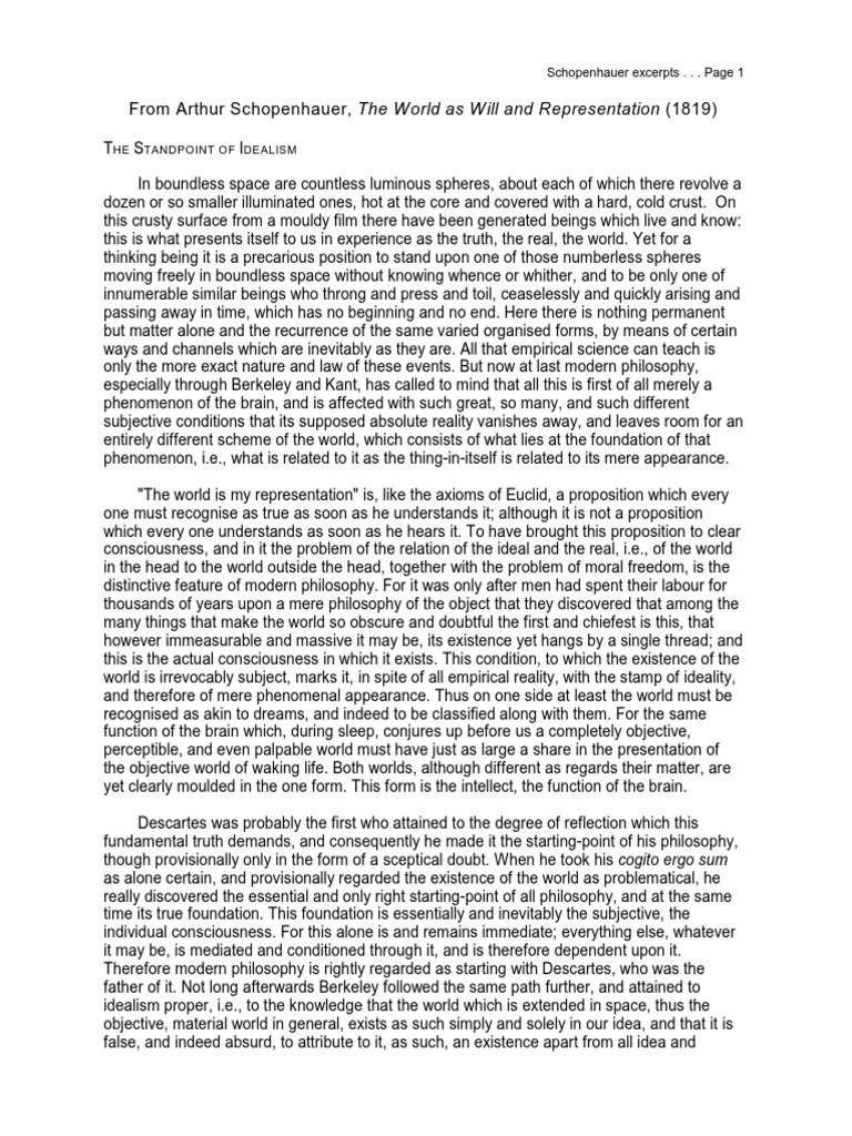 Schopenhauer EXCERPTS From World As Will and Representation | PDF