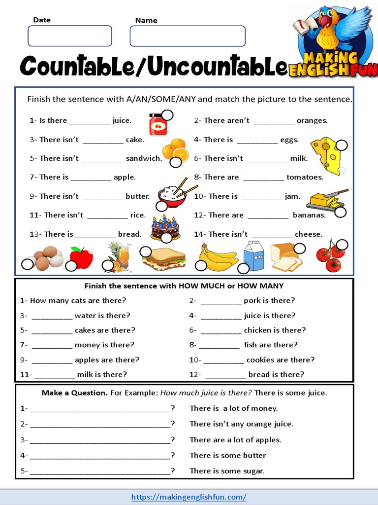 COUNTABLES AND UNCOUNTABLES Worksheet | PDF