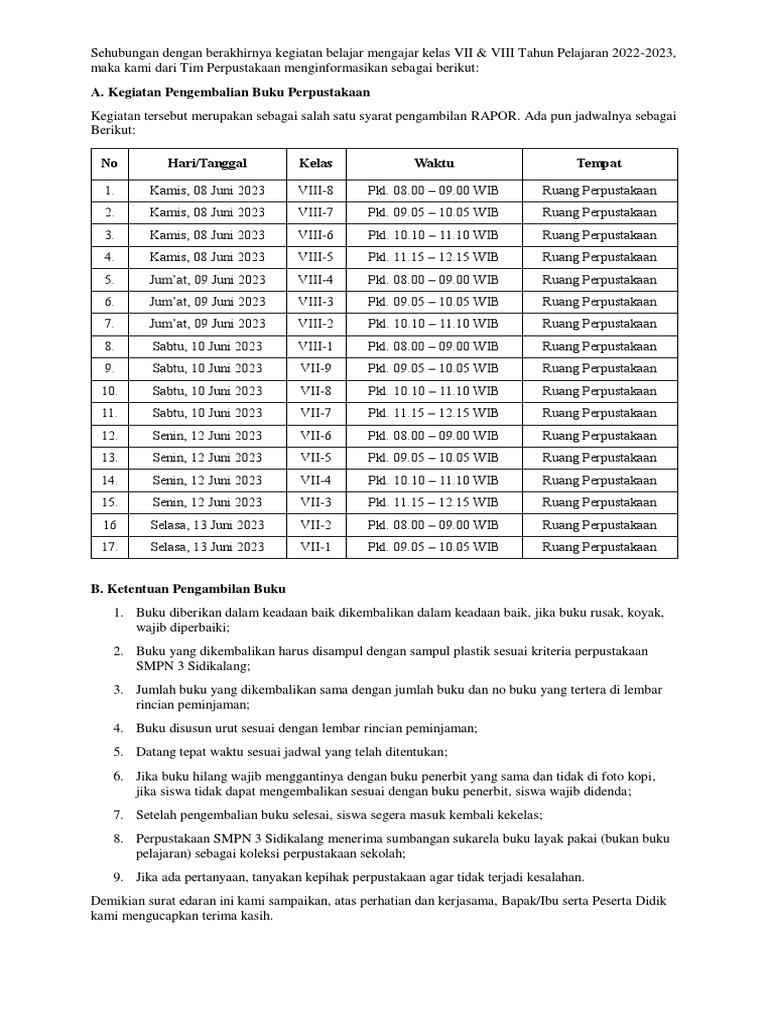 Surat Edaran Pengembalian Buku 1 | PDF
