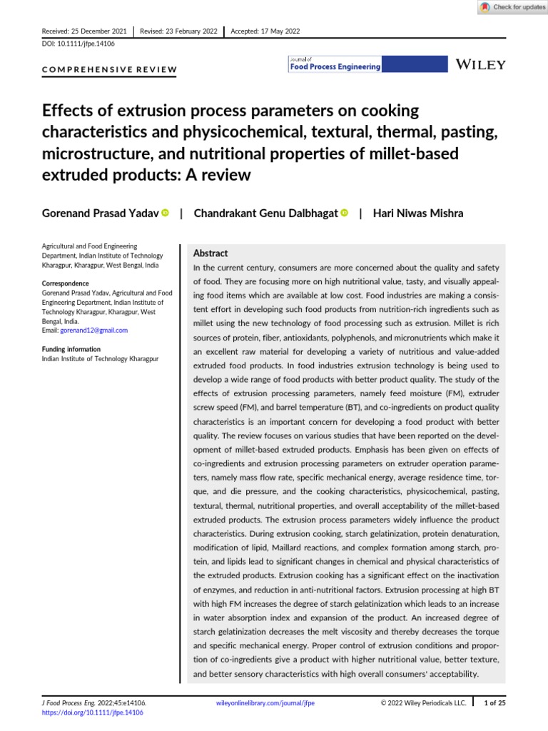 J Food Process Engineering - 2022 - Yadav - Effects of Extrusion Process Parameters On Cooking ...