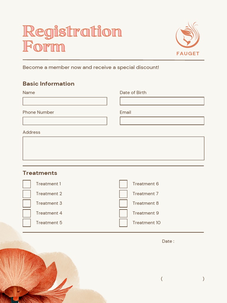 Peach Minimal Beauty Treatment Registration Form A4 Document | PDF