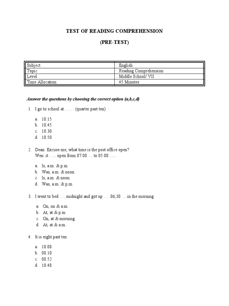 Test of Reading Comprehension Pretest | PDF