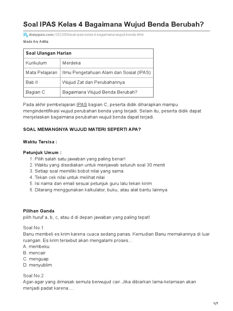 Soal IPAS Kelas 4 Bagaimana Wujud Benda Berubah | PDF