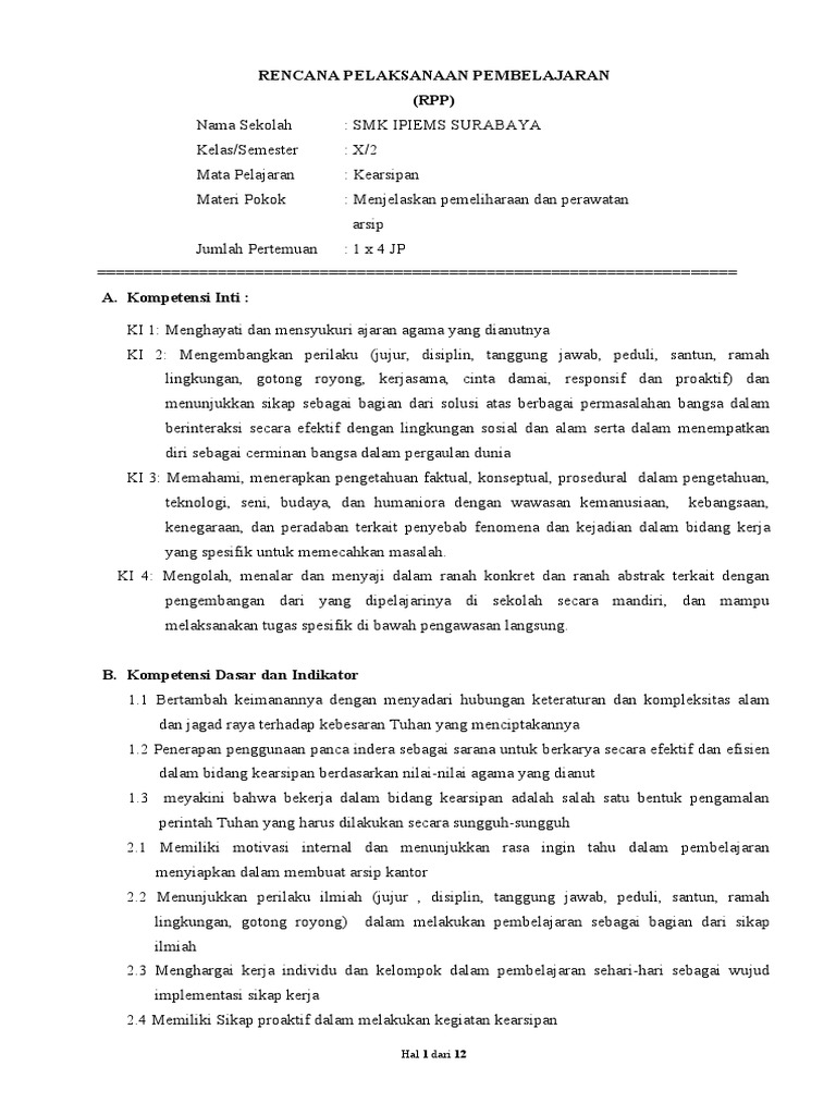 RPP KD 3.17 - 4.17 KEARSIPAN KLS X (Menjelaskan Pemeliharaan Dan Perawatan) | PDF