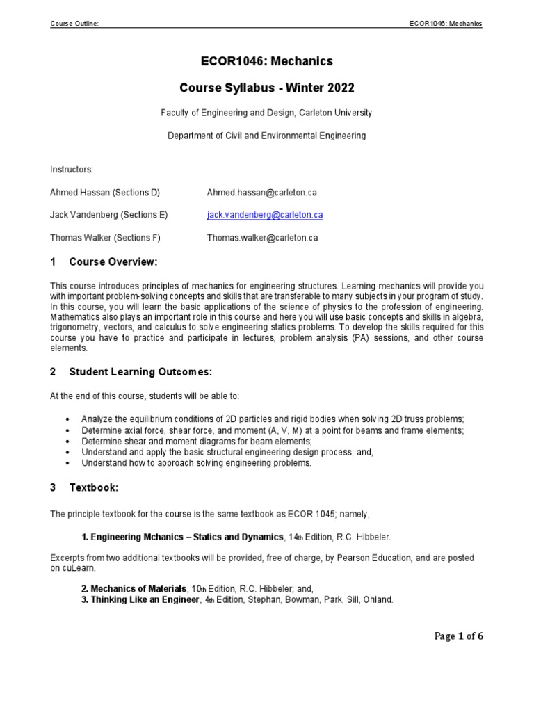 2022 Winter Outline ECOR 1046 | PDF | Structural Analysis | Engineering