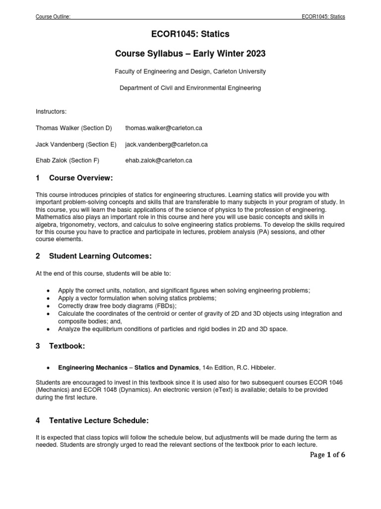 2023 Winter Outline ECOR 1045 v1 | PDF | Euclidean Vector | Center Of Mass