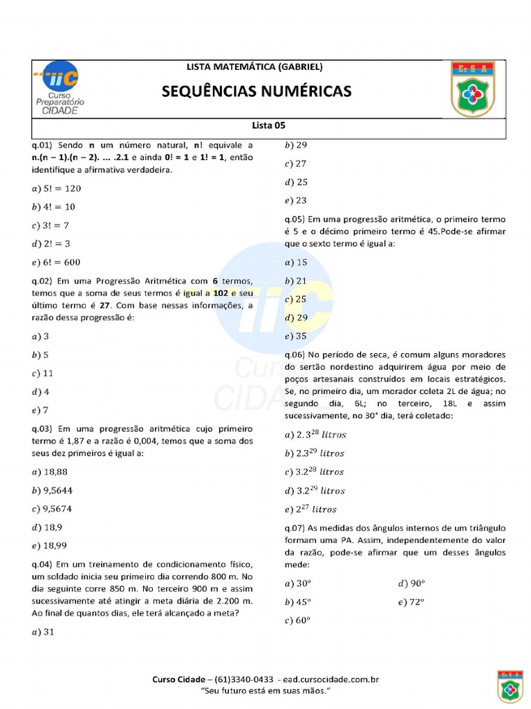 5. Lista Matemática - Sequências Numericas | PDF