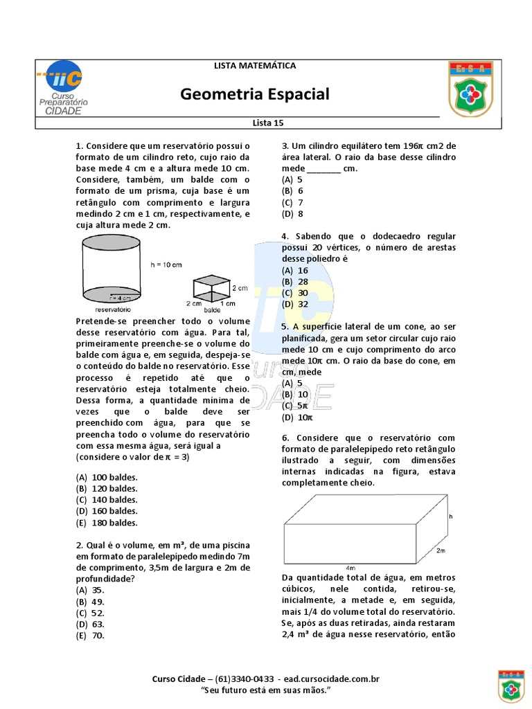 Lista Matemática - Geometria Espacial | PDF | Euclides | Geometria Clássica