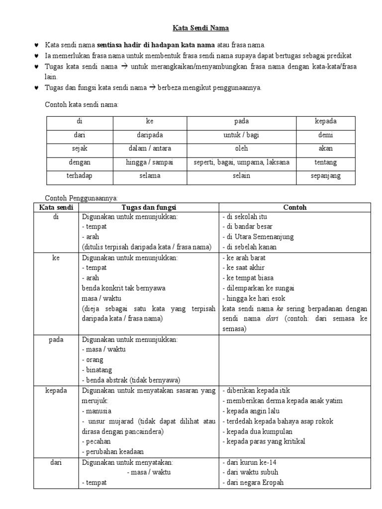 Contoh dan Fungsi Kata Sendi Nama | PDF